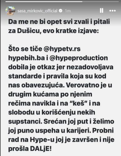 Saša Mirković poručio: "Dušici je probni rad na Hype-u završen...."